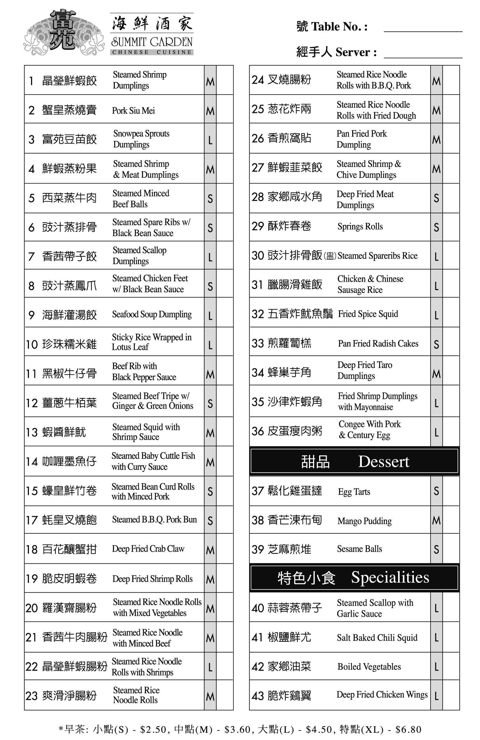 Menu of Summit Garden Chinese in Mississauga, ON L5L 2V8